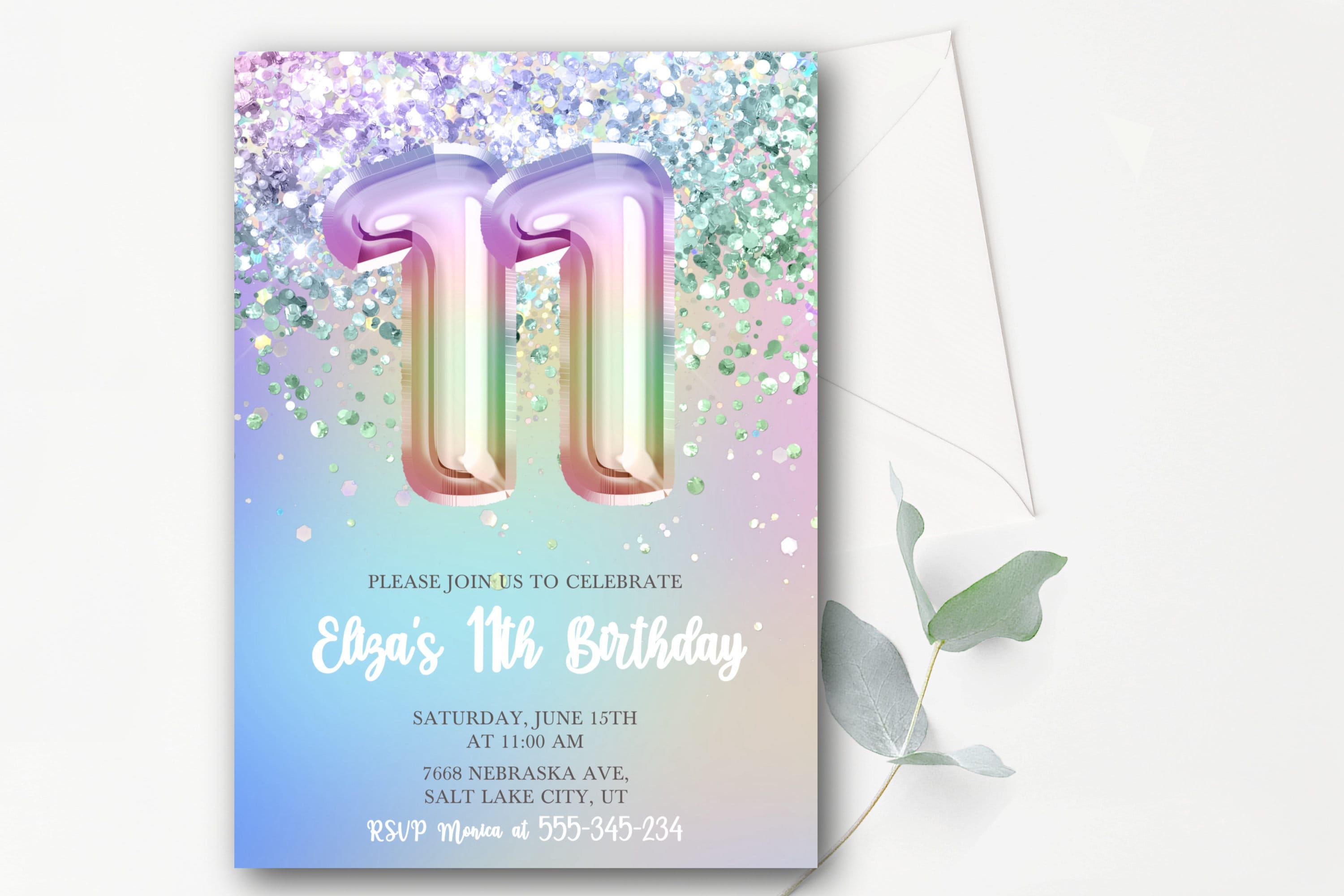 Girls Editable 11th Birthday Invitation Template Glitter Eleventh ...