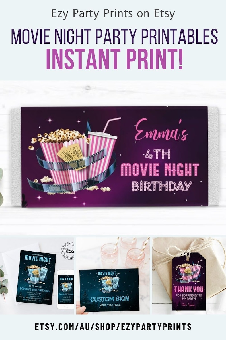 Movie Night Birthday Party Thank You Cards That You Edit in Corjl ...