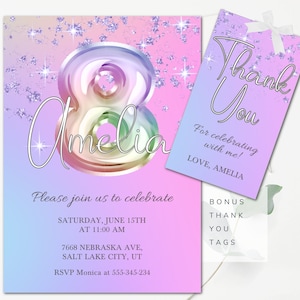 8th Birthday Invitation Editable Glitter Eighth Birthday Invitation ...