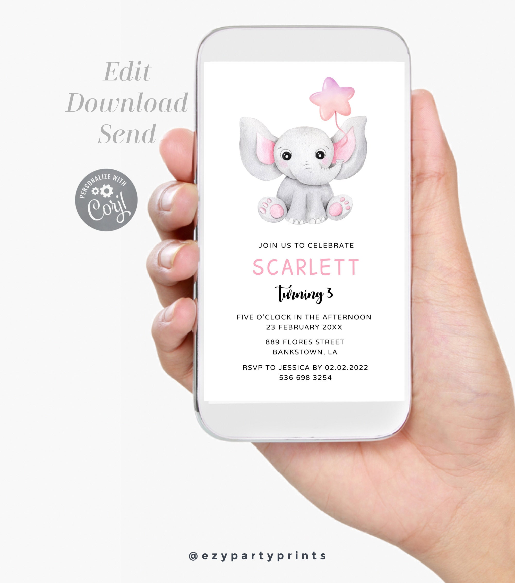 Elephant Birthday Invitation Pink Elephant Party Invitation Girl ...