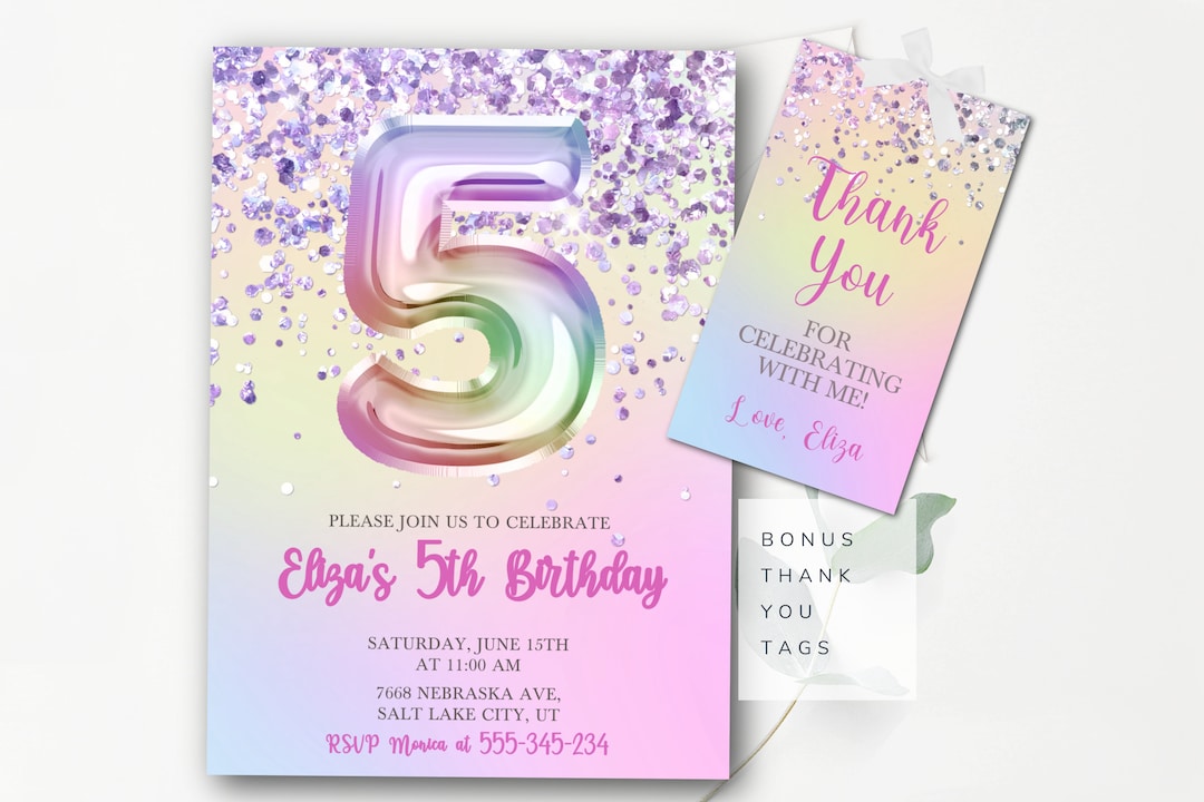 5th Birthday Invitation Template Editable Girl Glitter Birthday Invite ...