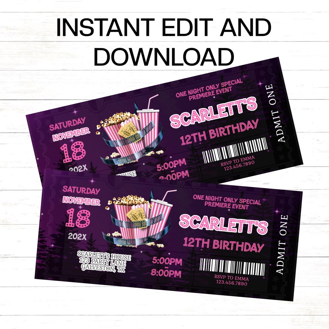Movie Night Ticket Invitation Movie Birthday Party Sleepover Party Girl ...