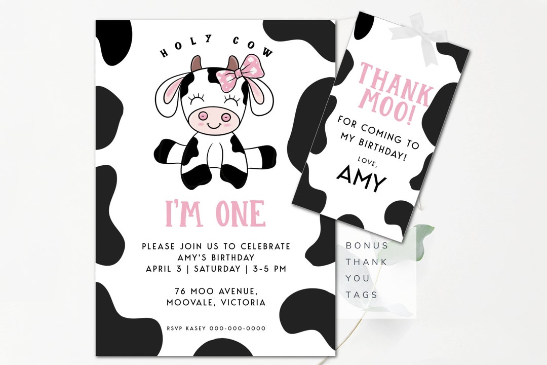Cow Invitation Holy Cow I'm One Birthday Invitation Cow Print ...
