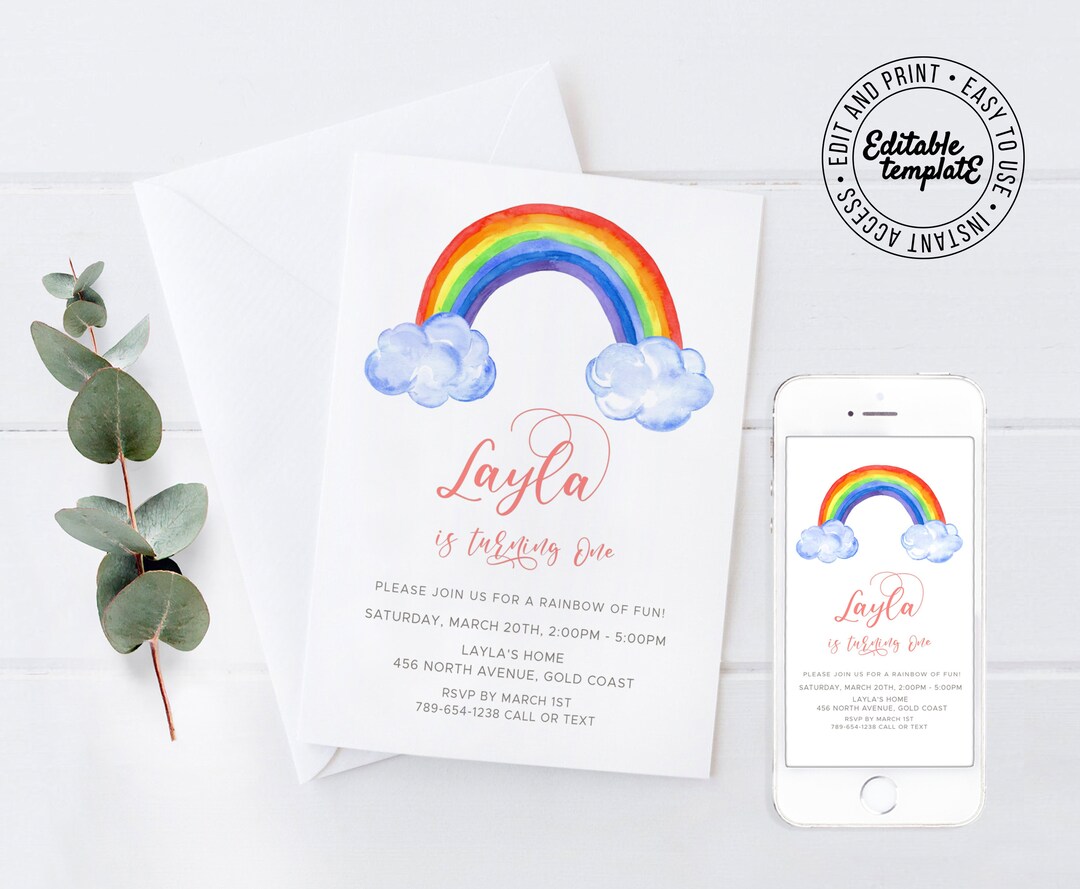 Editable Rainbow Invitation, Rainbow Birthday Invitation, Bright ...