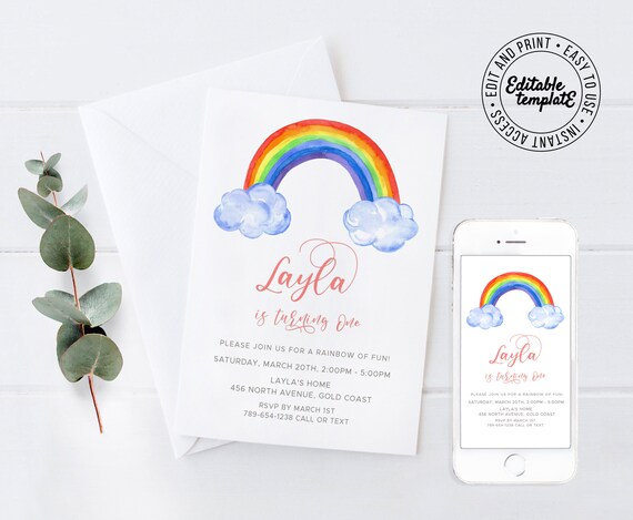 Editable Rainbow Invitation, Rainbow birthday Invitation, Bright ...