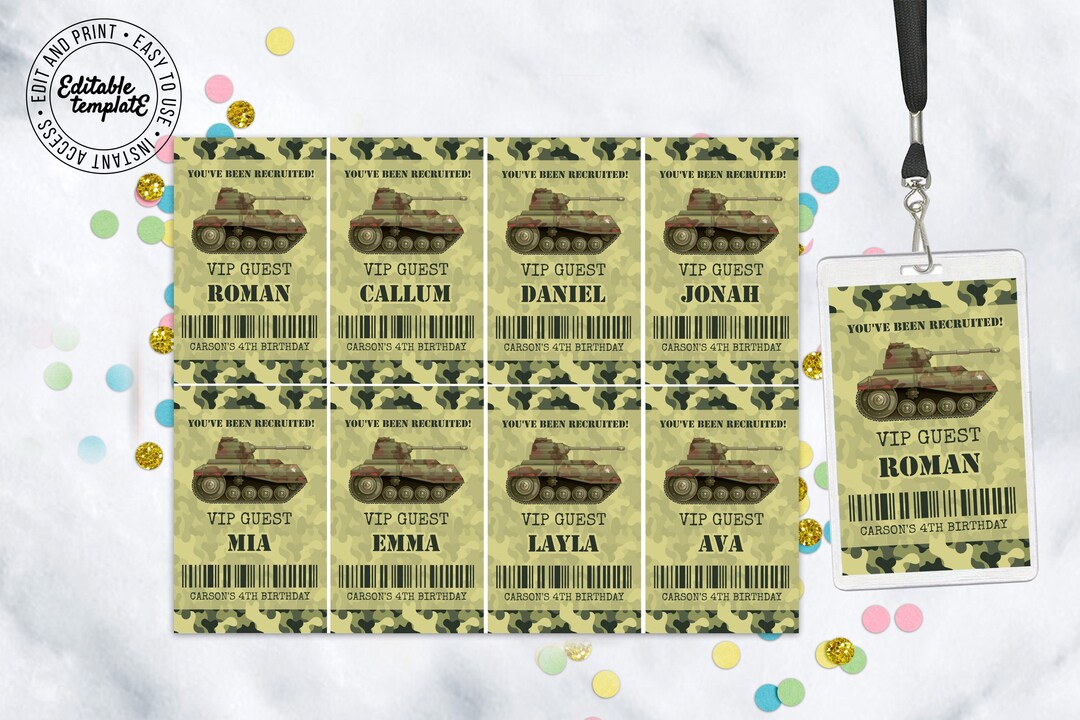 Army Birthday Party ID Card Template to Edit and Print Instantly ...