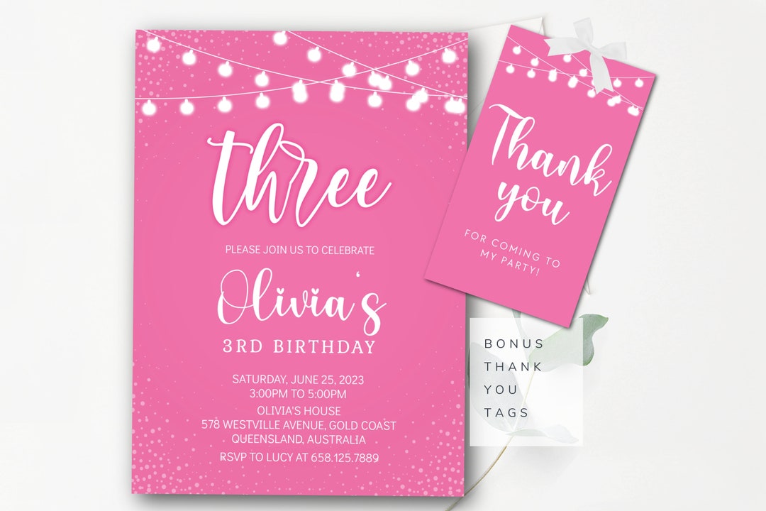 Editable Pink Invitation Pink Birthday Invitation String Lights ...