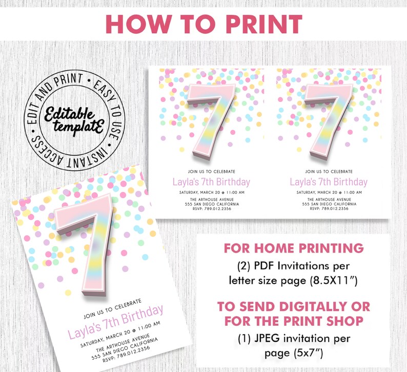 7th Birthday Invitation Editable Seventh Birthday Invitation Pastel ...