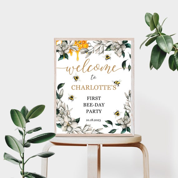 EDITABLE First Bee-day Welcome Sign, 1st Birthday Welcome sign, Bee ...