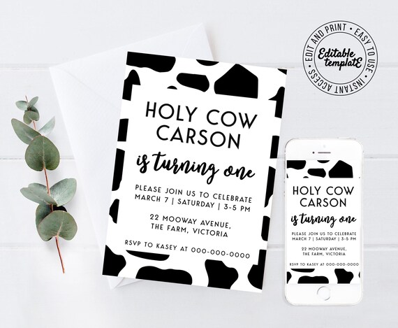 Holy Cow Birthday Invitation, Cow invitation, Cow print invitation Cow ...