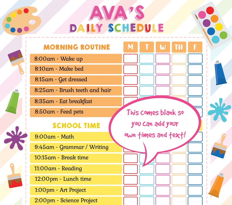 EDITABLE Daily Schedule Chart Personalise Save and Print - Etsy