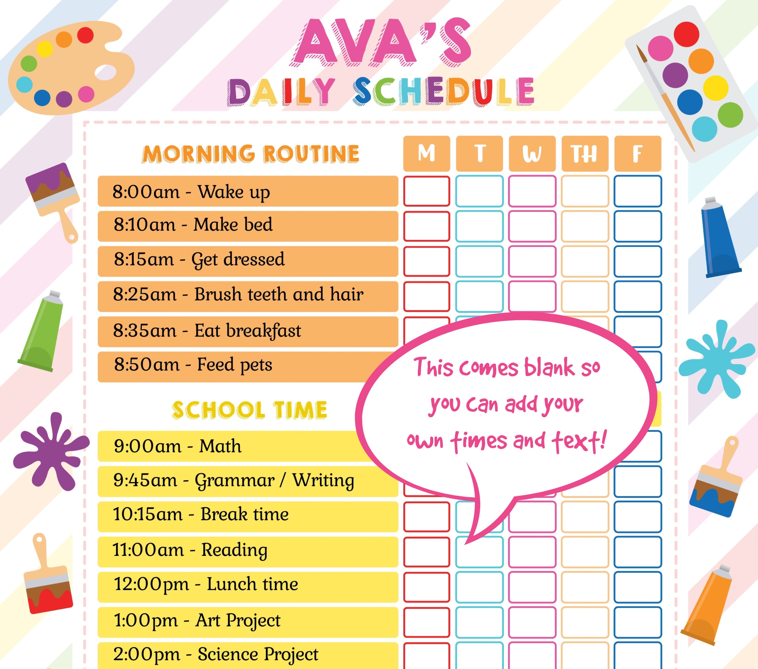 Editable Daily Schedule Chart Personalise Save and Print - Etsy Australia
