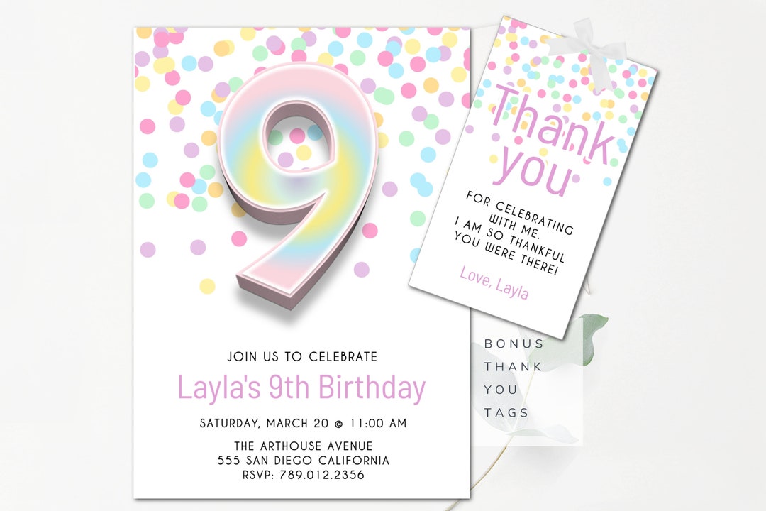 9th Birthday Invitation Editable Girls Ninth Birthday Confetti ...