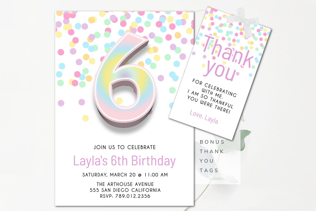 6th Birthday Invitation Editable Girls Sixth Birthday Confetti ...