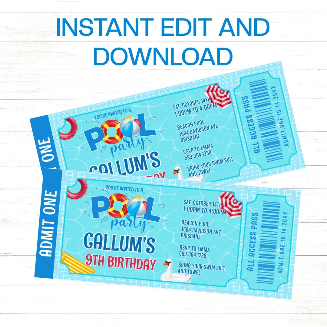 Pool Party Invitation Editable Ticket Pool Party Birthday Invitation ...