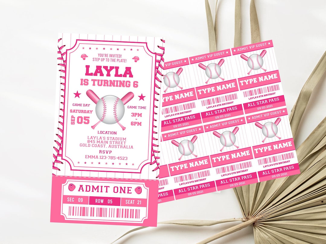 Pink Birthday Baseball Invitation + Matching ID Badges Girls Pink ...
