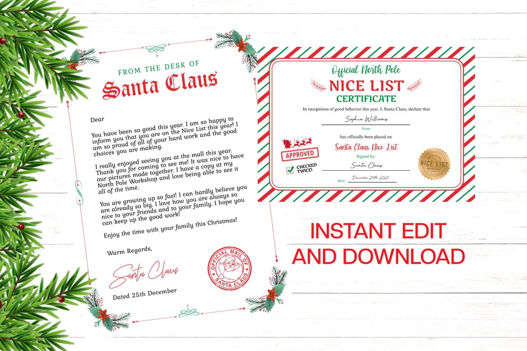 Editable Letter From Santa and Nice List Certificate to Edit and ...