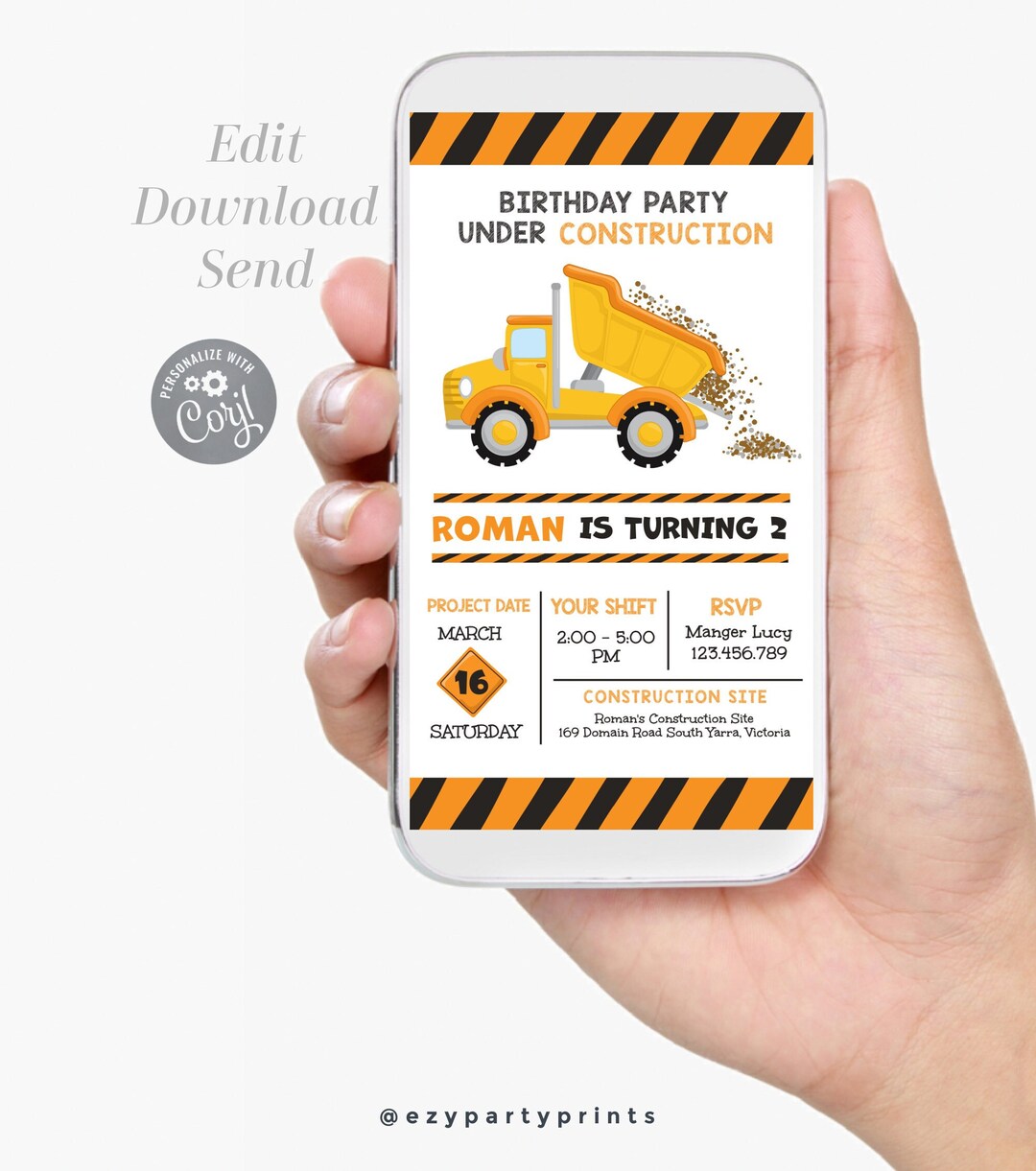 Construction Birthday Digital Phone Invitation Editable Construction ...