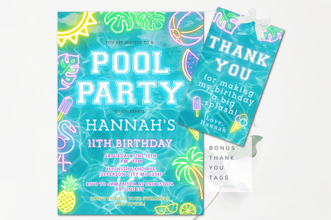 Pool Party Invitation Pool Neon Birthday Invitation Editable Glow Pool ...