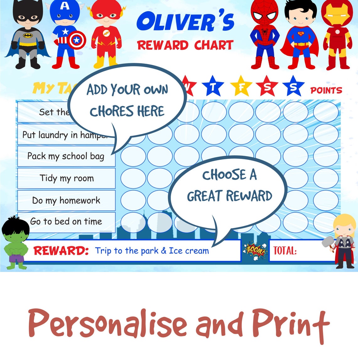 EDITABLE SUPERHERO Chore Chart Reward Chart Personalise the | Etsy ...