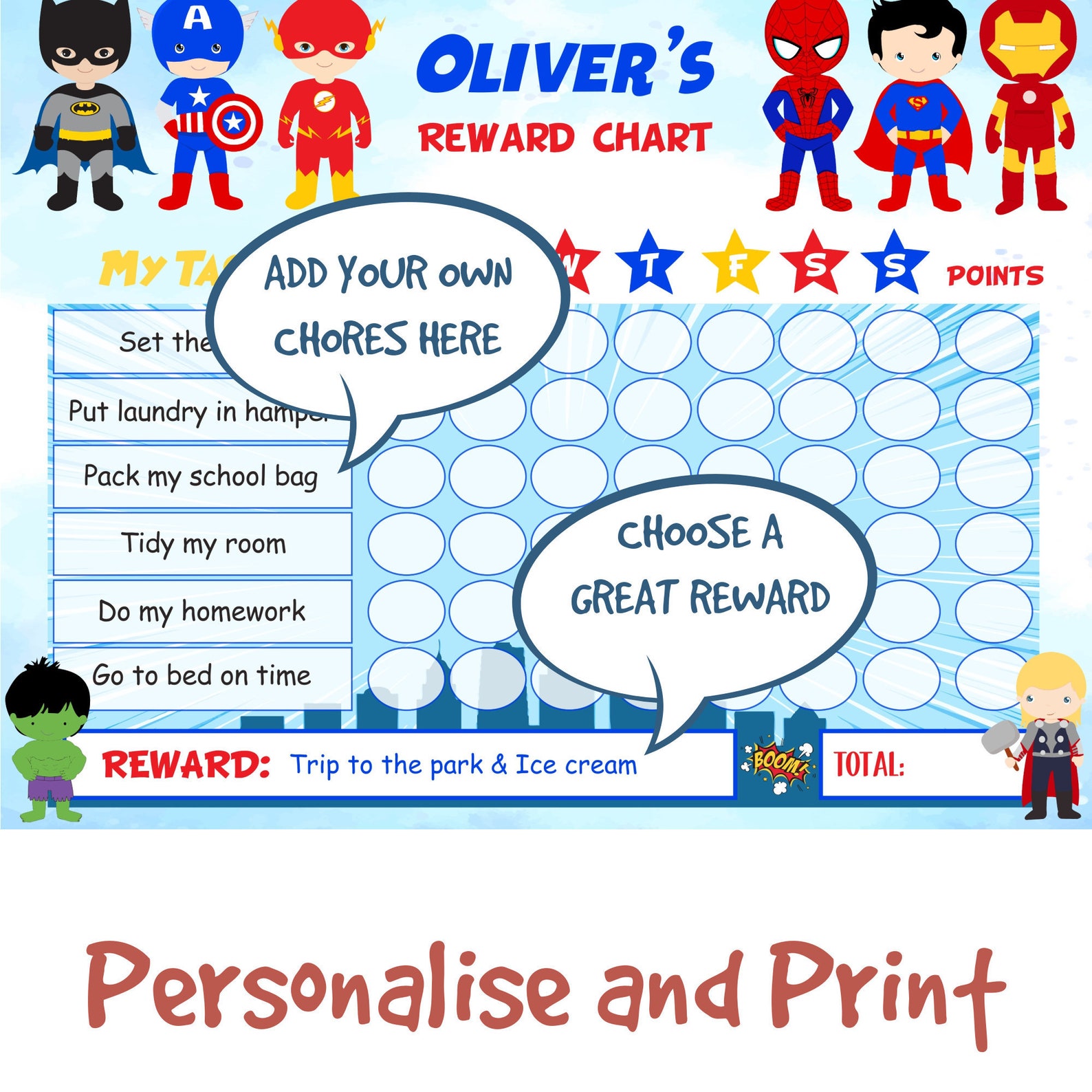 Editable Superhero Chore Chart Reward Chart Personalise the Name Etc ...