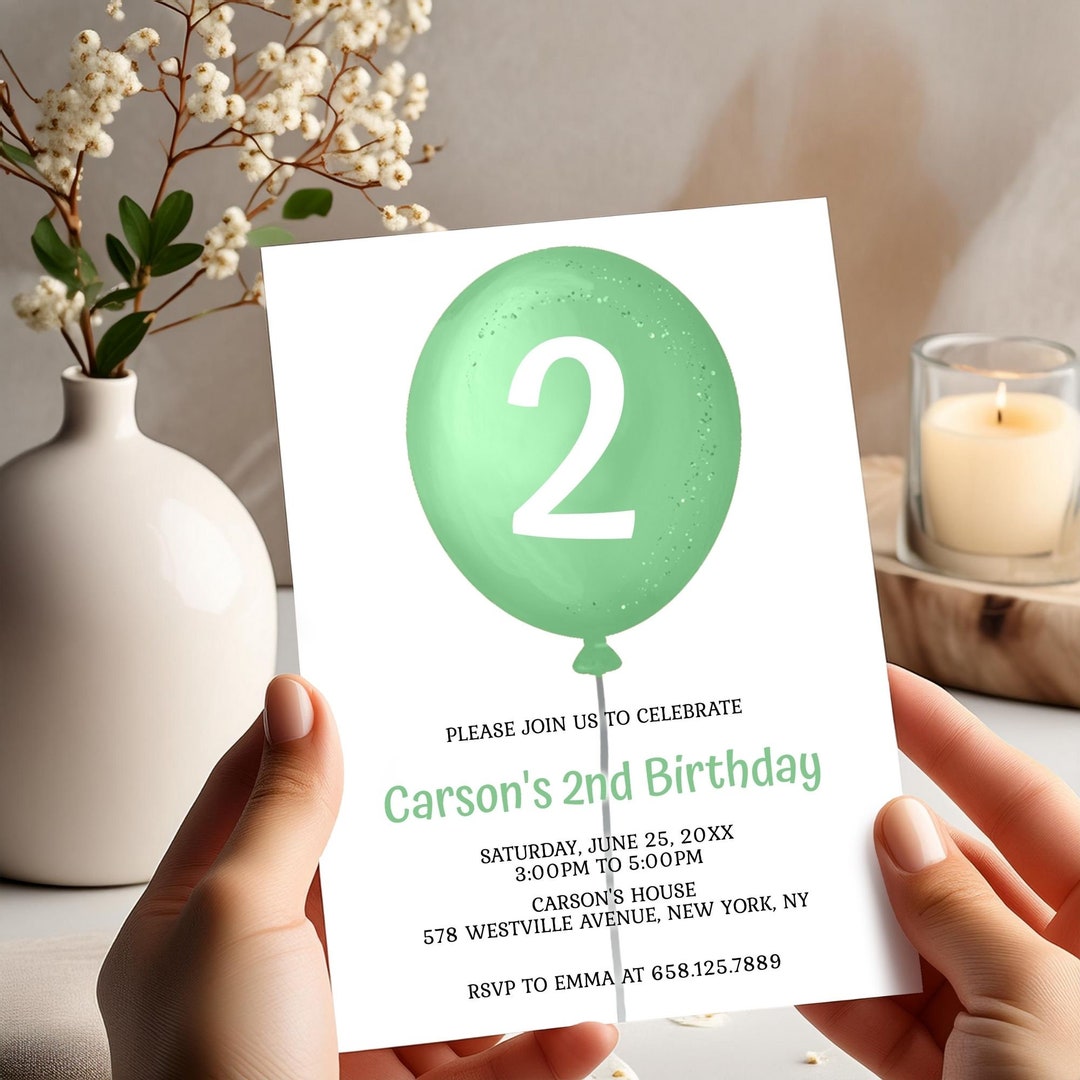 Green Birthday Invitation Editable Green Balloon Birthday Invitation ...