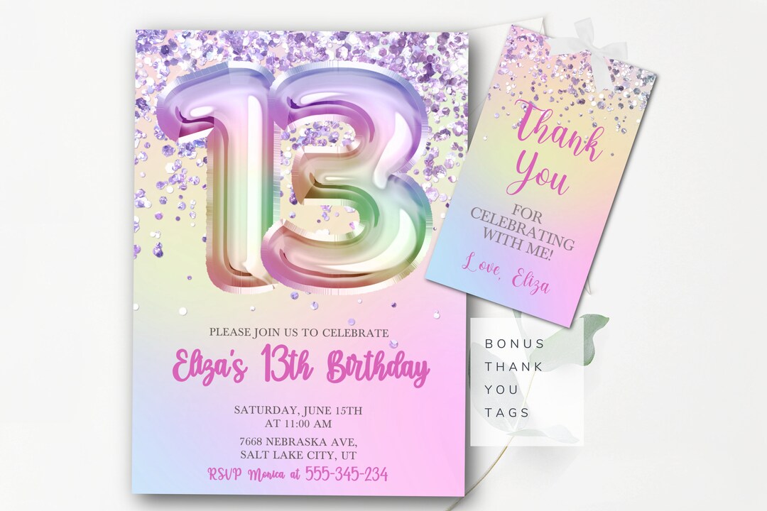 Editable 13th Birthday Invitation Glitter Teenager Birthday Invitation ...