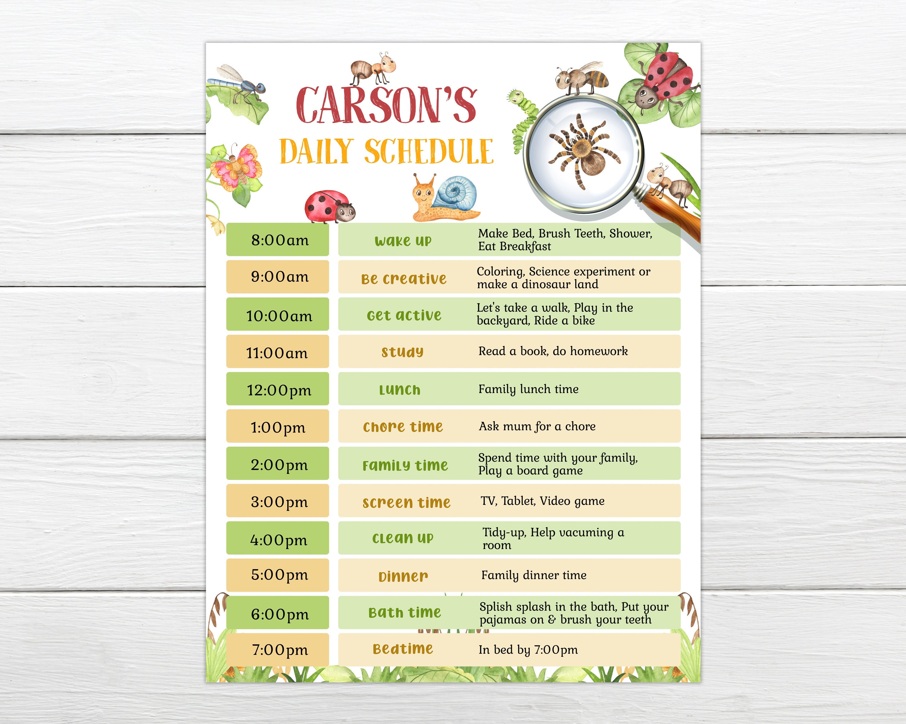 Editable Daily Schedule Chart Bugs Chore Chart Instant Print - Etsy