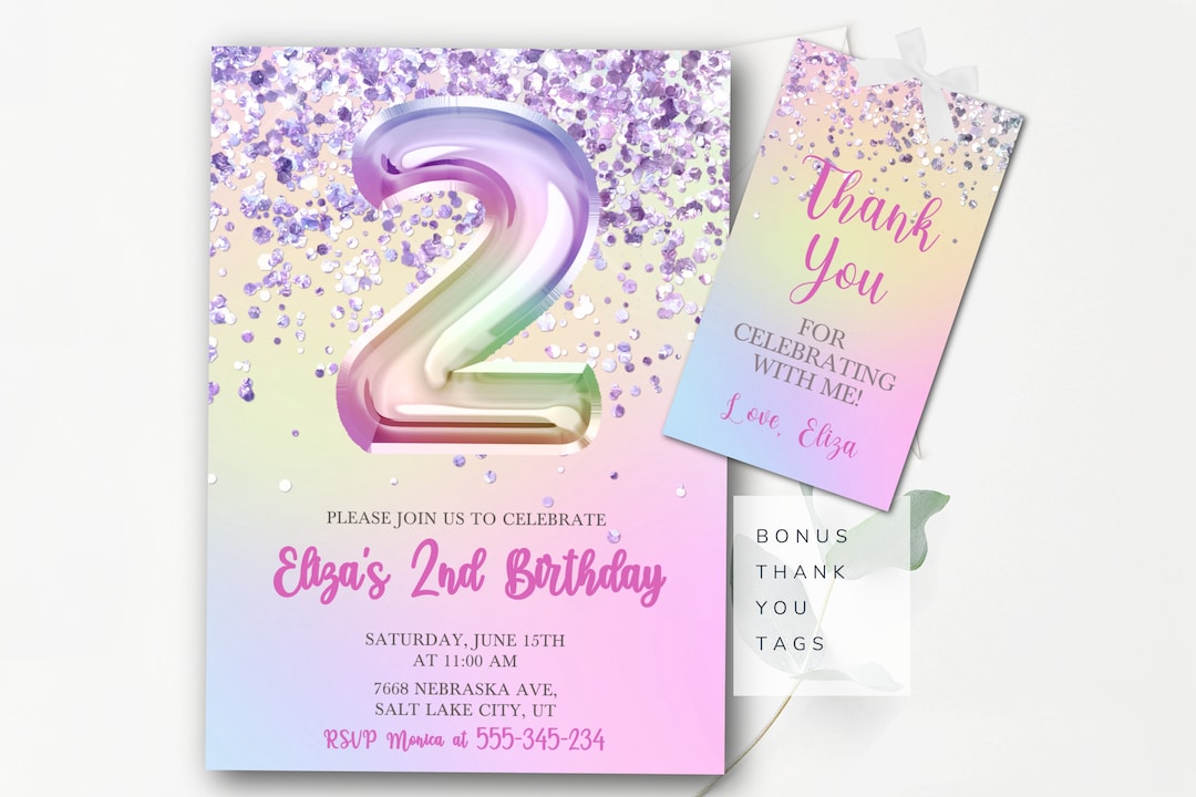 Girls Editable 2nd Birthday Invitation Template Rainbow Glitter ...