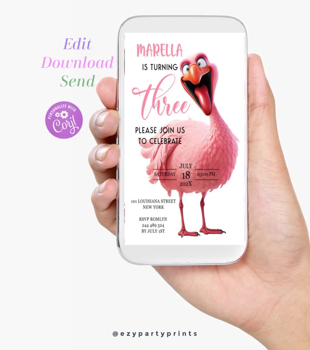 Flamingo Birthday Invitation, Editable Electronic Flamingle Invitation ...