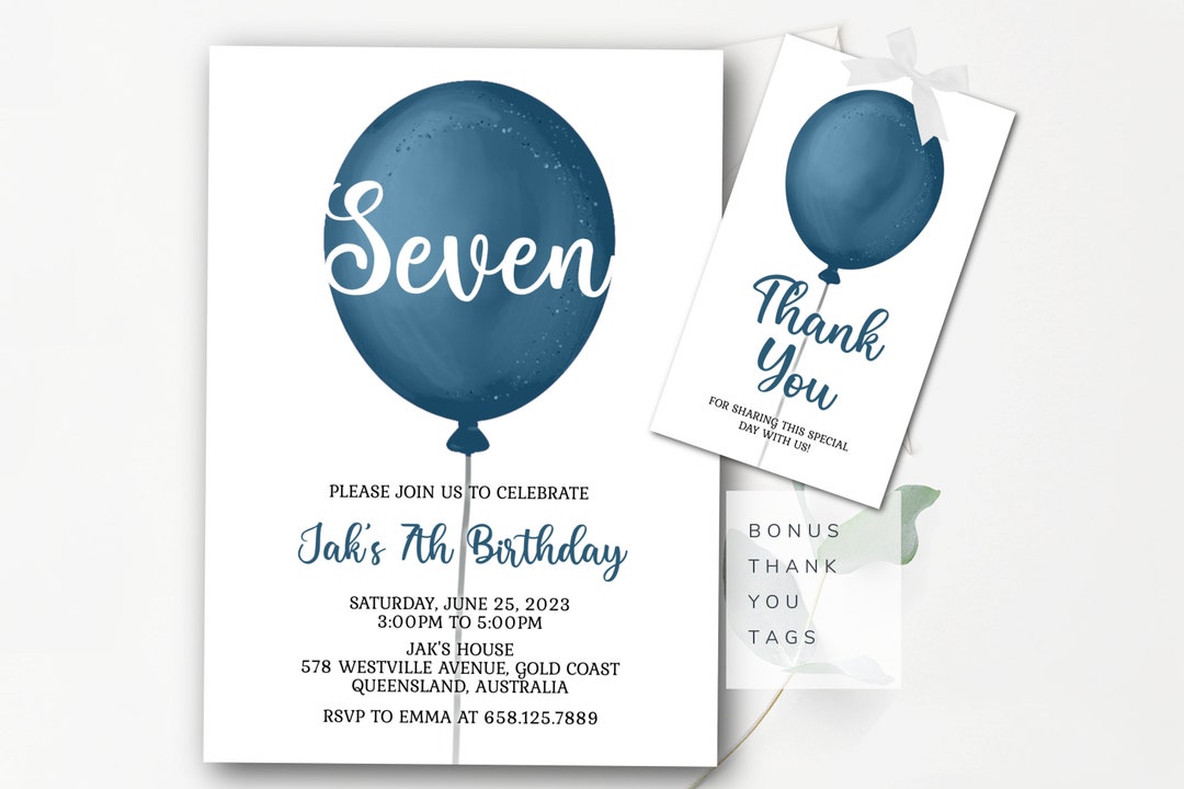 Editable Boys Birthday Invitation Blue Balloon Birthday Invitation Navy ...