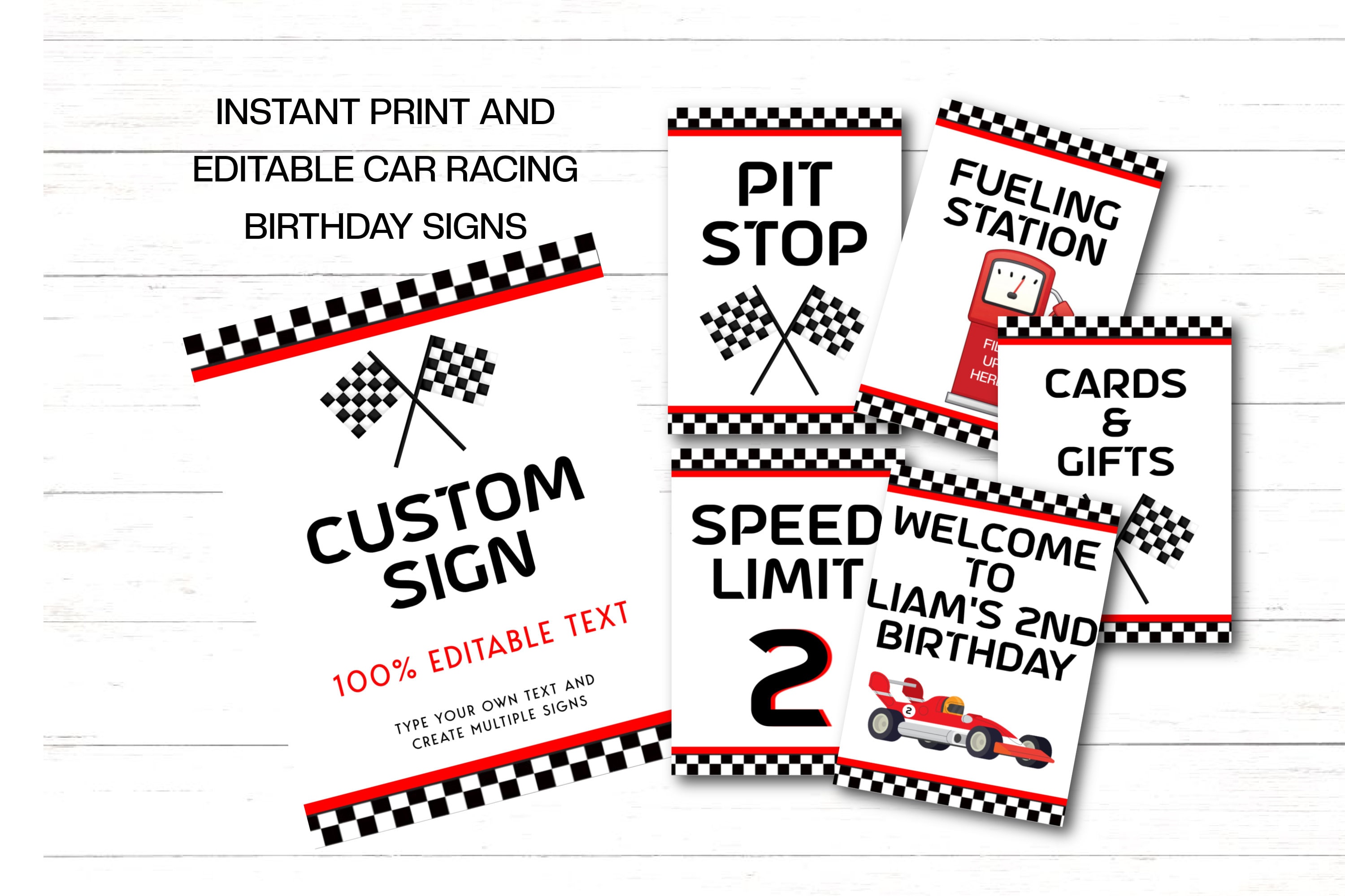 Printable Car Race Party Signs Racing Car Birthday Party Signs X 6 to ...