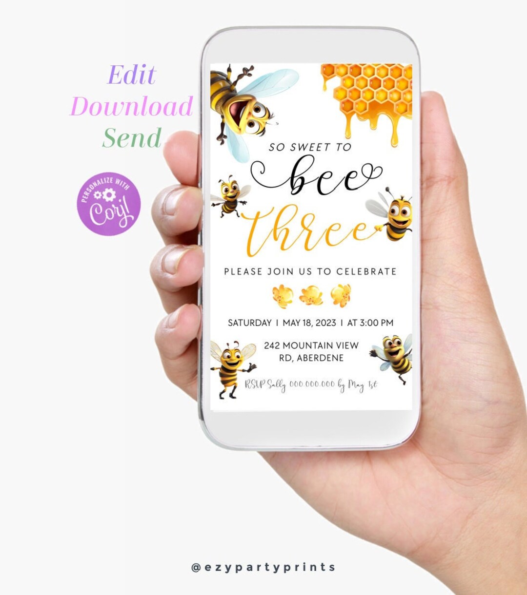 Electronic Bee Birthday Invitation, Editable Bumble Bee Invitation ...