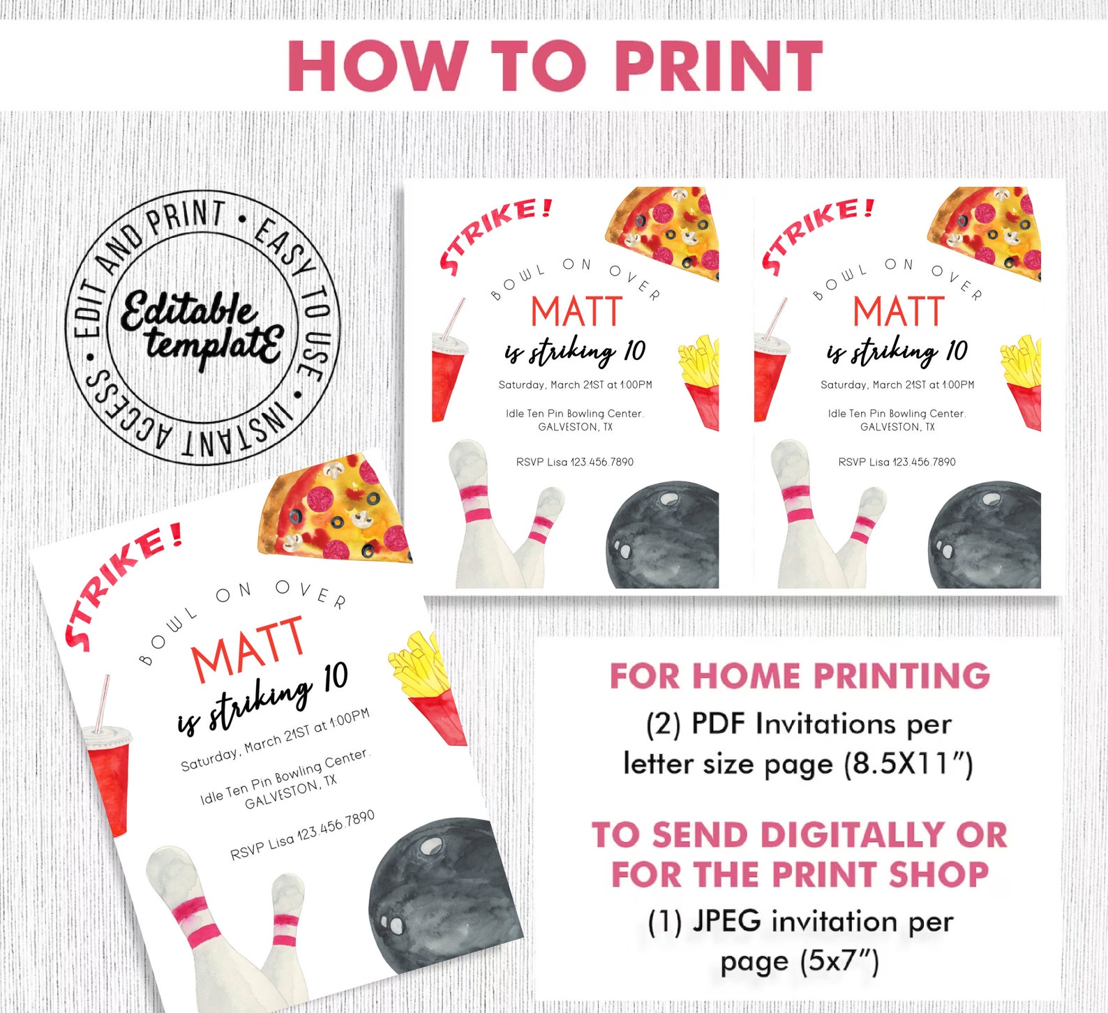 Editable Bowling Party Invitation Ten Pin Bowling Birthday Party ...