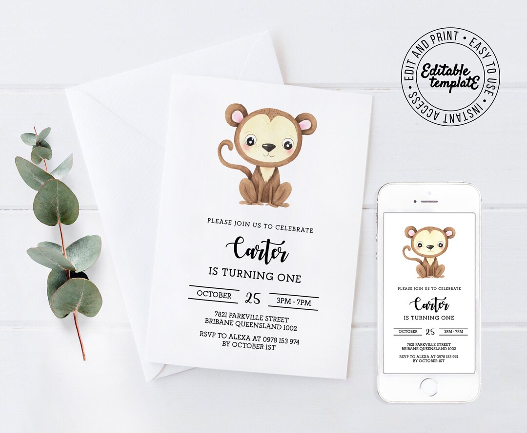 Editable Monkey Birthday Invitation Monkey Party Invitation - Etsy Canada