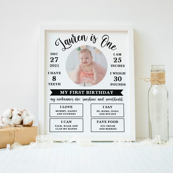Editable Modern 1st birthday milestone sign First birthday milestone ...
