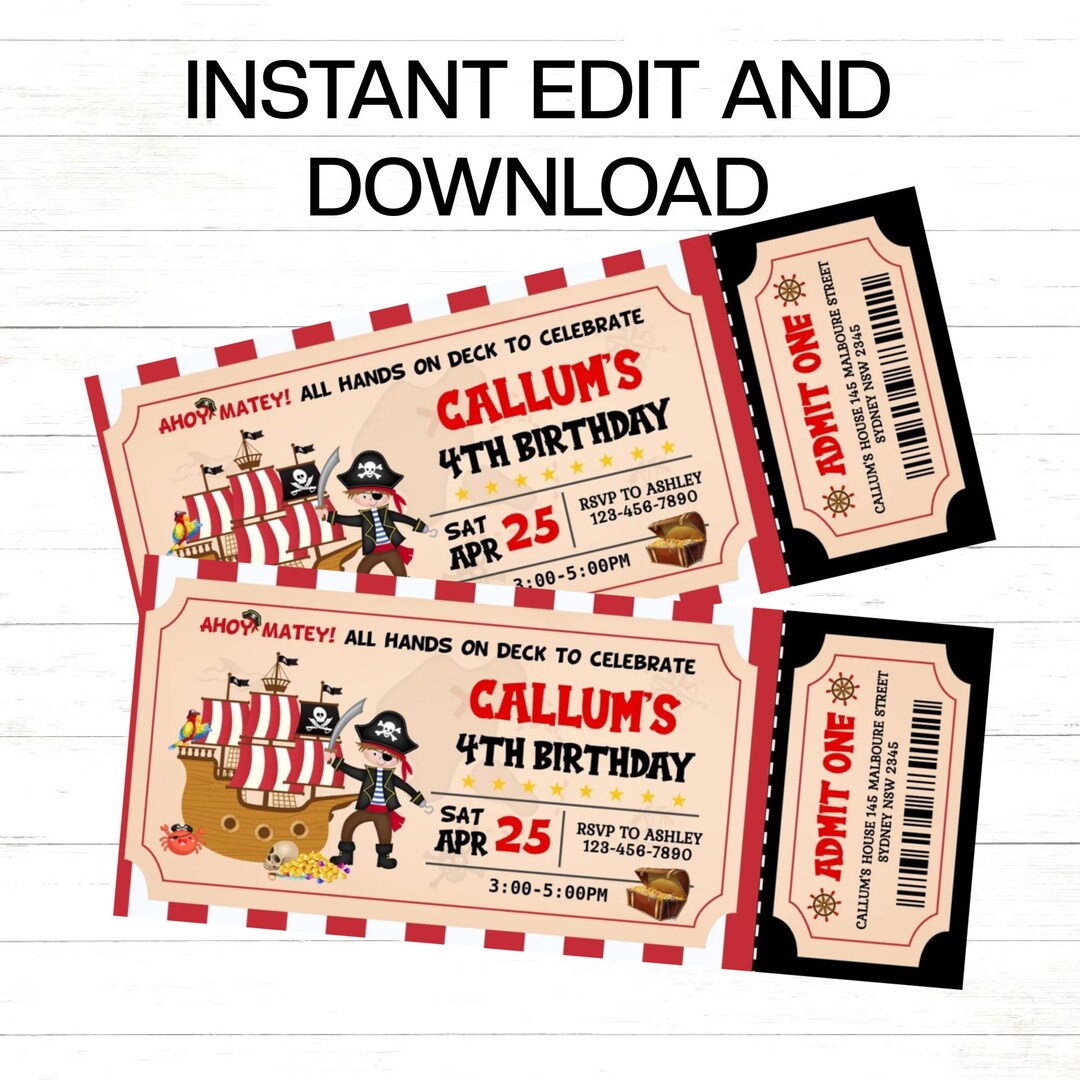 Editable Pirate Birthday Invitation Pirate Birthday Ticket Invitation ...