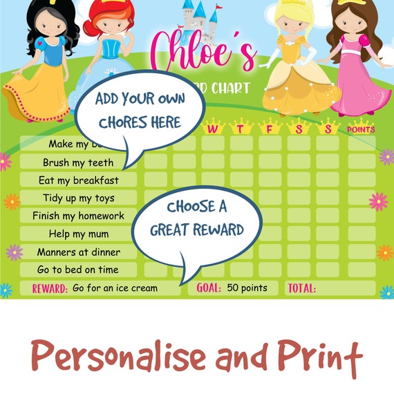 Editable Princess Reward Chart Editable Girls chore chart to edit and ...