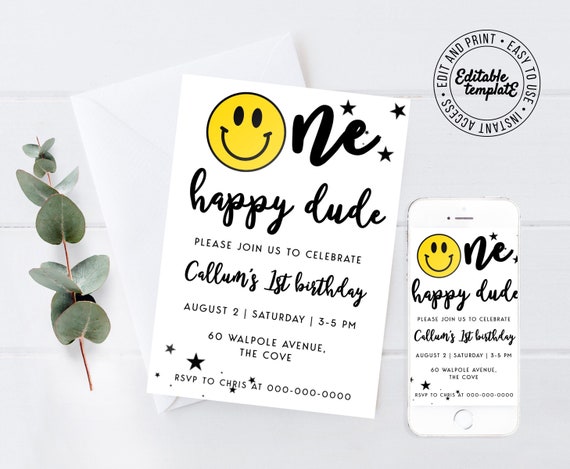 Editable One Happy Dude Invitation, Smiley Face Birthday Invitation ...