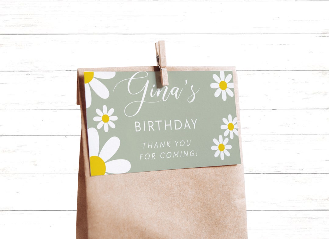 Editable Daisy Birthday Olive Gift Bag Labels, Boho Daisy Bag Labels ...
