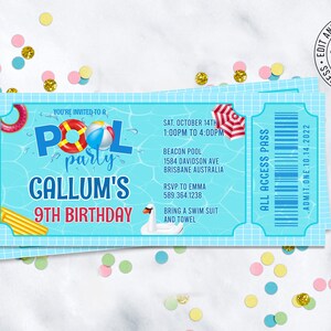Pool Party Ticket Invitation Pool Party Birthday Invitation Editable ...