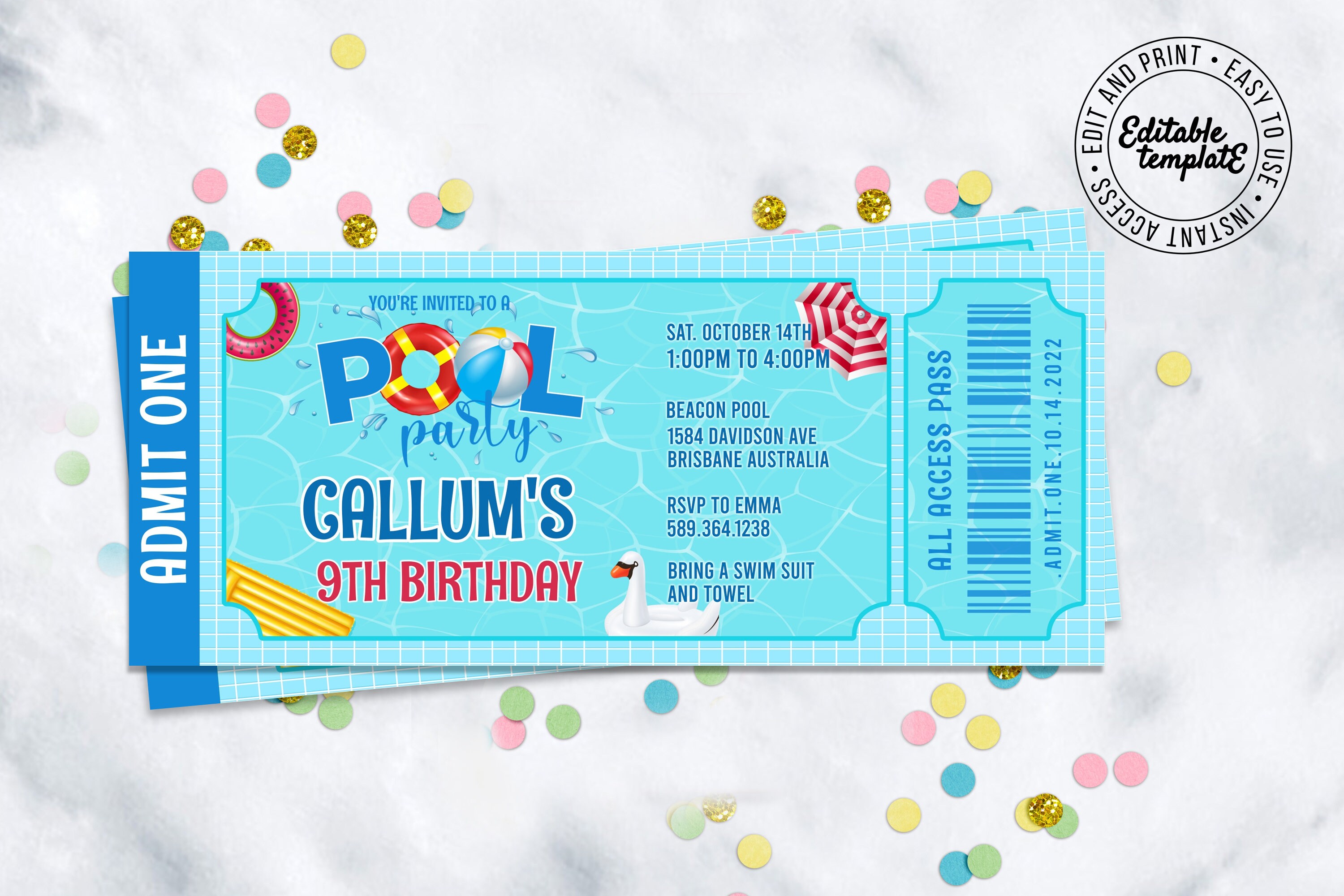 Pool Party Ticket Invitation Pool Party Birthday Invitation Editable ...
