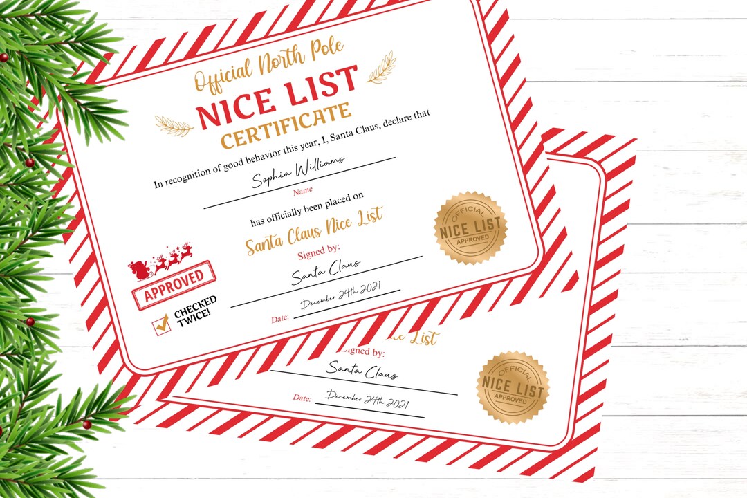 Instant Download Editable NICE LIST Certificate From Santa Instant ...
