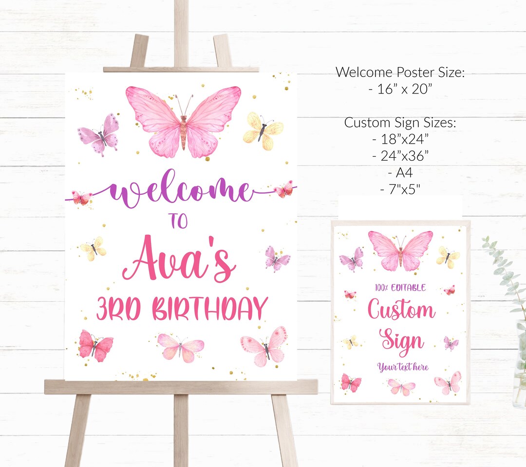 Butterfly Birthday Sign Set of 4 Sizes Editable Butterflies Birthday ...