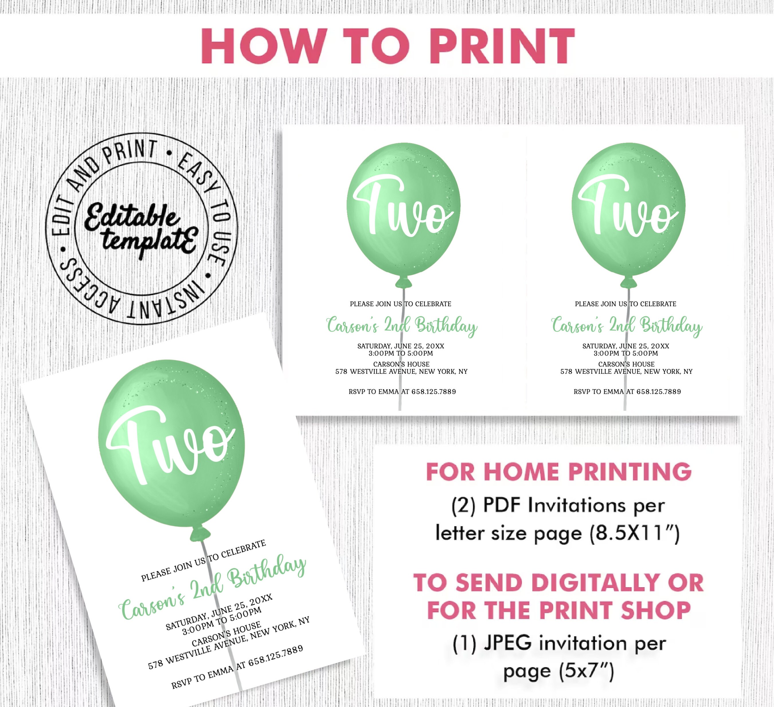 Editable Green Invitation Text Template Balloon Birthday Invitation ...