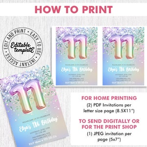 Girls Editable 11th Birthday Invitation Template Glitter Eleventh ...
