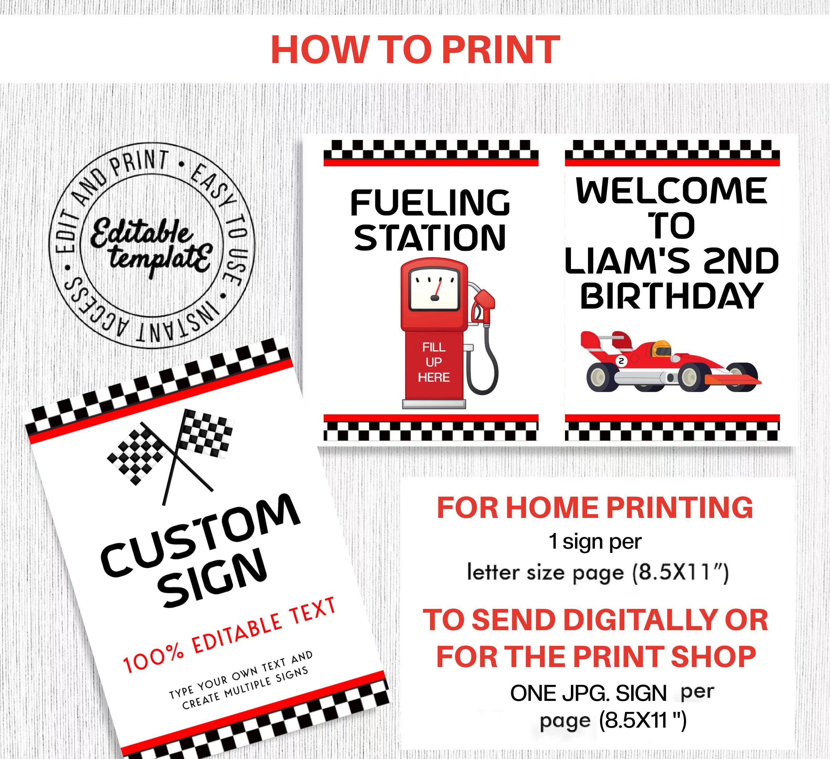 Editable Racing Birthday Signs, Printable Car Race Party Signs X 6 to ...