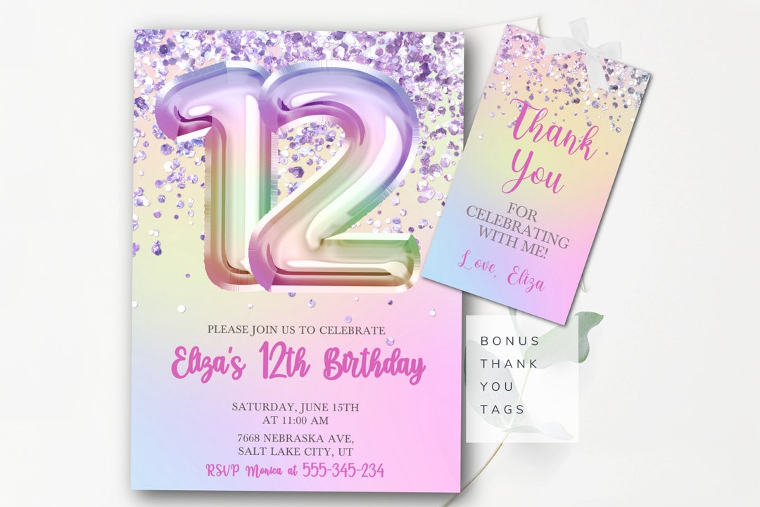 Editable Girls 12th Birthday Invitation Glitter Birthday Invitation ...
