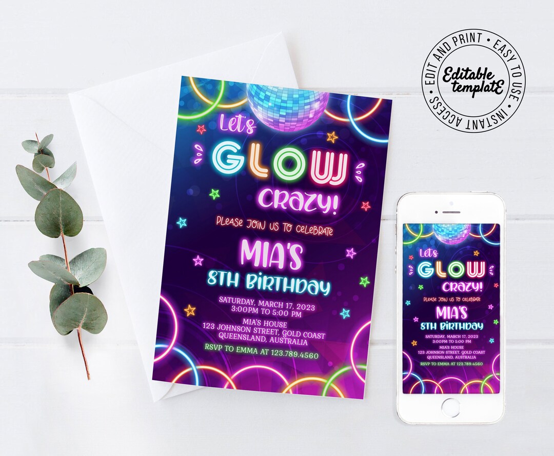 Editable Glow Birthday Invitation, Glow in the Dark Digital Invitation ...