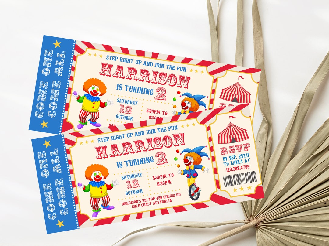 Editable Carnival Ticket Birthday Invitation Template Clown Birthday ...